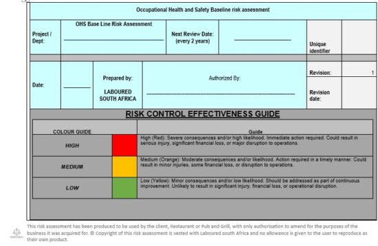 Standard Restaurant or Pub and Grill Risk Assessment – LABOURED SA